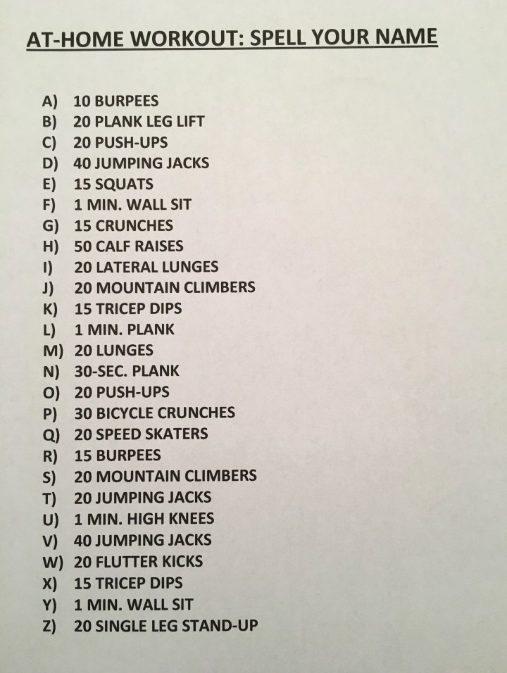 At Home Workout Series #1 – Spell Your Name! – Brain. Body. Food.